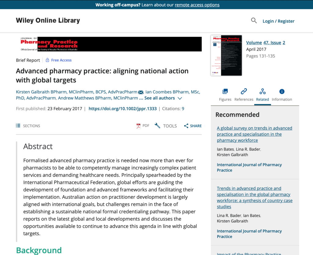 Advanced pharmacy practice: aligning national action with global ...